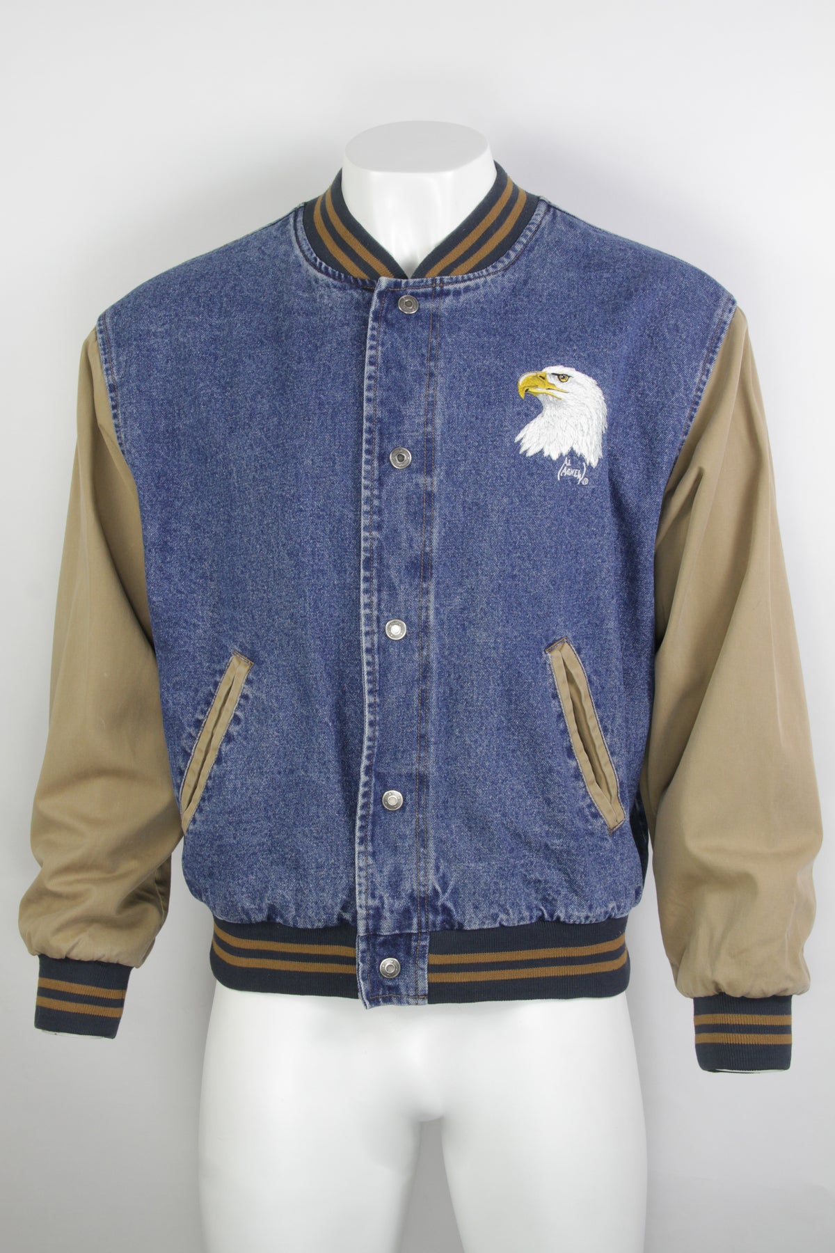 Vintage Embroidered Eagle Denim Baseball Jacket - XL — Pop Boutique Online